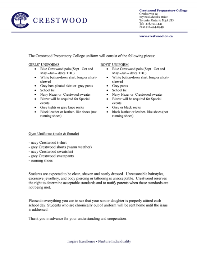 Uniform Policies and Shop Hours – CRESTWOOD